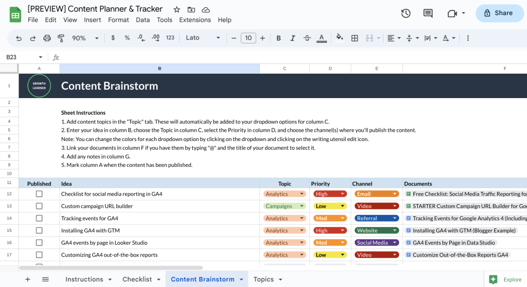 Free Content Brainstorm Tracker - GROWTH LEARNER | BUILD